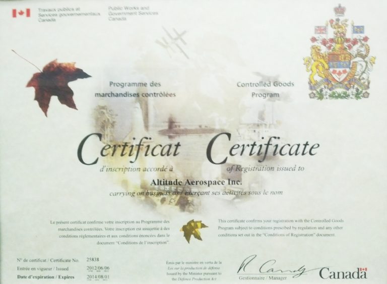 Approved by Canadian Controlled Goods Program - Altitude Aerospace